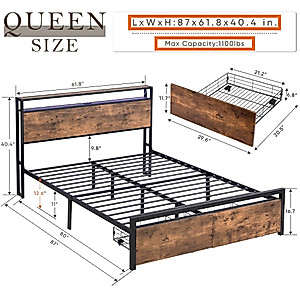 Industrial Queen Platform Bed Frame with LED Lights, Storage Headboard, 2 Drawers, and Charging Station - No Box Spring Needed