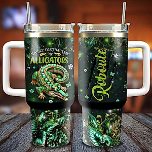 WAZONE Personalized Alligator Tumbler 40oz with Handle and Straw Easily Distracted By Alligators Custom Name Travel Mug Jewelry Style Stainless Steel Cup Gifts for Men Women Animal Lovers