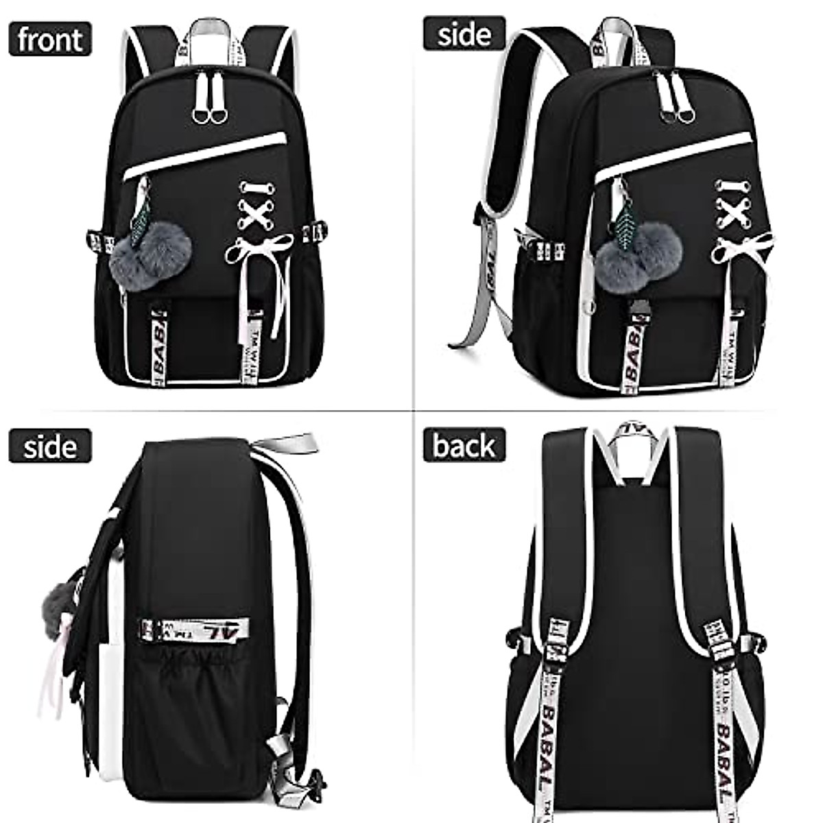FENGDONG Teenage Girls Bookbag School Backpack Children Casual Daypack Schoolbag for Teens Black White