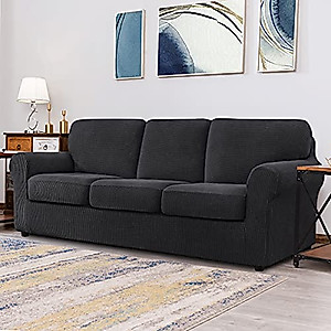 CHUN YI 7 Piece Stretch Sofa Cover, 3 Seater Couch Slipcover with Three Separate Backrests and Cushions with Elastic Band, Checks Spandex Jacquard Fabric(Large,Gray)