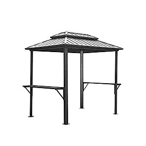 Domi Grill Gazebo 8' × 6', Outdoor Aluminum Frame BBQ Gazebo with Shelves Serving Tables and Hooks, Permanent Double Roof Gazebos for Patio Lawn Deck Garden (Dark Grey)