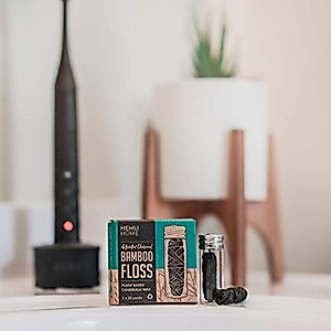 Bamboo Charcoal Floss - Reusable Container with Floss Refills - 99 Yards - Plant-Based Candelilla Wax Floss with Natural Mint Flavoring - Vegan Floss - 3X Floss Refills