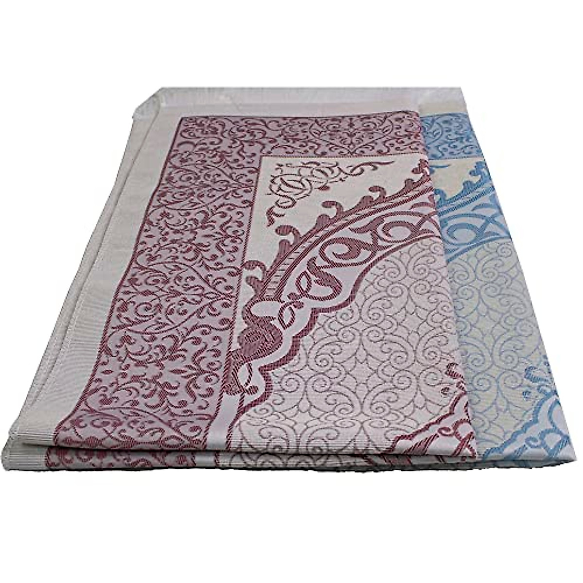 Modefa Islamic Prayer Mat Thin Woven Chenille and Taffeta Turkish Sajadah Intricate Design Metallic Ottoman Mat (White/Blue + White/Pink)