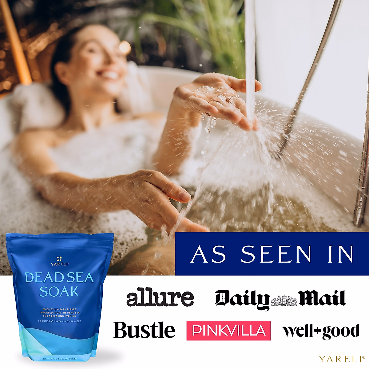 Yareli Dead Sea Bath & Foot Soak, Unscented Magnesium Bath Salt Flakes, Alternative to Epsom Salt, 5lbs with Over 250,000mg of Elemental Magnesium Per Bag