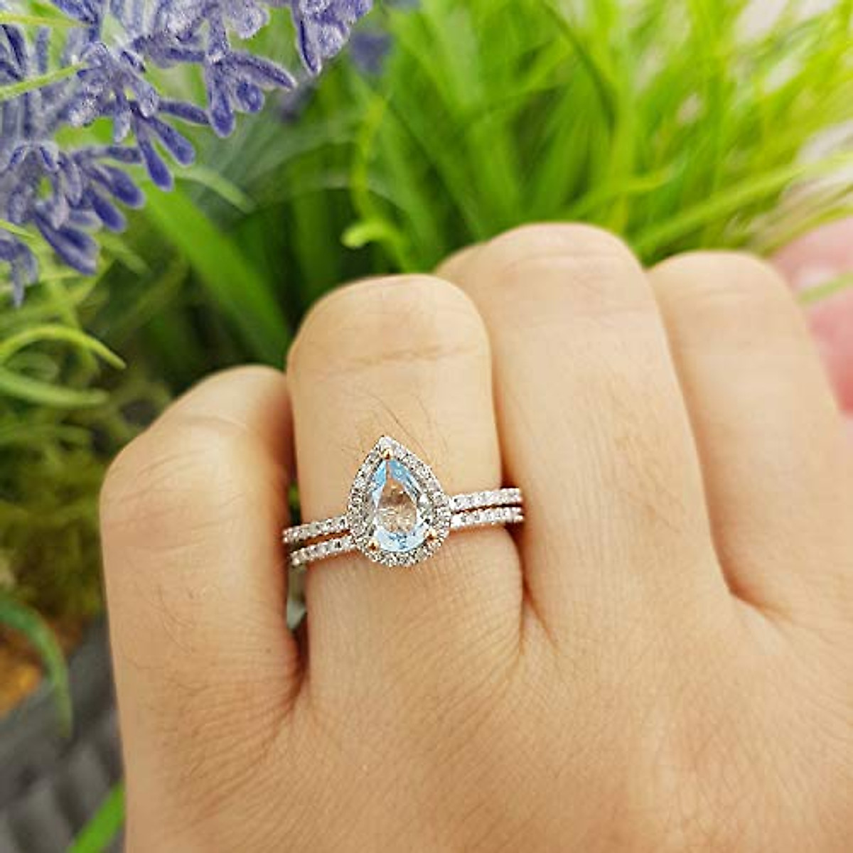 Dazzlingrock Collection 7X5 MM Pear Aquamarine & Round Diamond Ladies Teardrop Wedding Ring Set in 10K Rose Gold, Size 6
