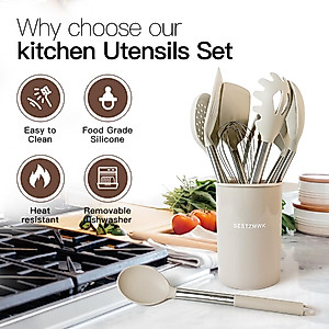 Kitchen Utensils Set-Silicone Cooking Utensils-32pcs Non-Stick Silicone Cooking Kitchen Utensils Spatula Set with Holder-Best Kitchen Cookware with Stainless Steel Handle (Khaki)