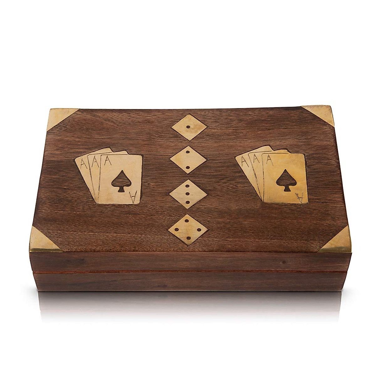 Birthday Gift Ideas Handcrafted Classic Wooden Playing Card Holder Deck Box Storage Case Organizer With Dice & Two Packs of Premium Quality 'Ace' Playing Cards For Men Women