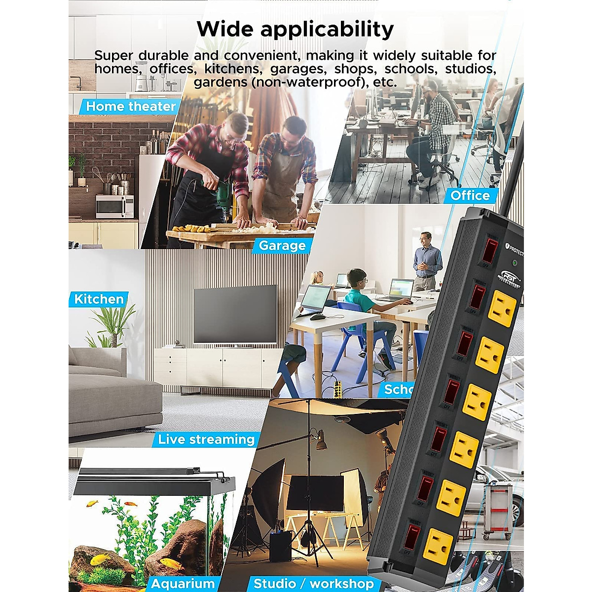 Power Strip with Individual Switches and Flat Plug, CRST 6-Outlet Metal Heavy Duty Surge Protector (1200 Joules), 6-Feet 14AWG Cord with Hook and Loop Fastener, 15A Circuit Breaker