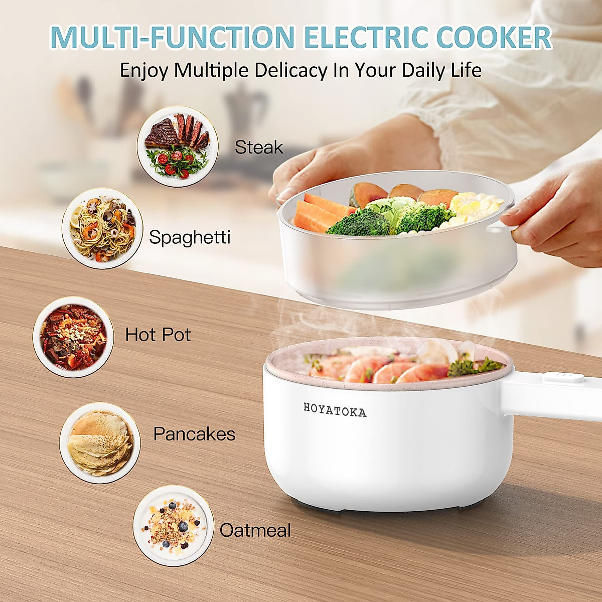 Hoyatoka Electric Hot Pot, 1.5L Portable Non-Stick Electric Cooker with Steamer, Multifunction Electric Pot for Stir Fry, Roast, Egg, Ramen Cooker with Dual Power Control for Dorm and Office, White