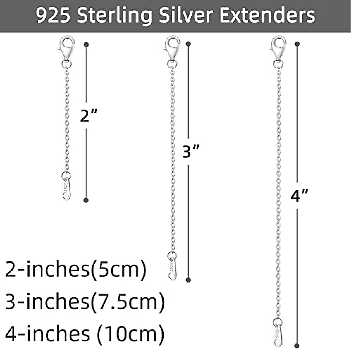 925 Sterling Silver Necklace Extender Sterling Silver Necklace Chain Extenders for Necklaces 2", 3", 4" Inches