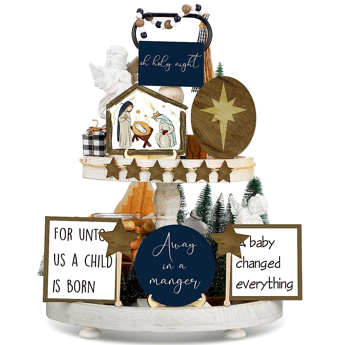 Bucherry 1 Sets Christmas Christian Jesus Nativity Tiered Tray Decor Farmhouse Nativity Decor Angels Mangers Jesus' Birth Wooden Christian Decor for Home Table Mantel