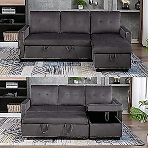 HABITRIO Sectional Sofa with Reversible Storage Lounge Chaise, 77" Modern L-Shape Corner Couch w/Roll-Out Sleeper Bed, Velvet Upholstered Nail Head Trim Seating Furniture for Living Room, Office
