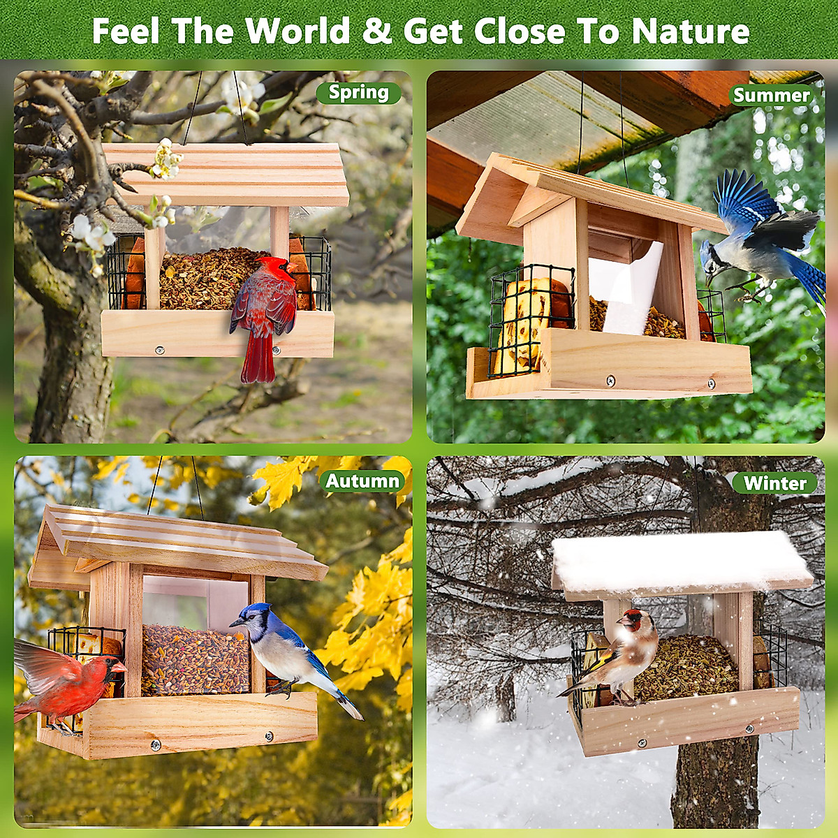 Bird Feeders for Outdoors Hanging - Wooden Bird Feeder Hopper, Cardinal Bird House Feeder, Large Bird Feeder with Suet Holder for Outside, Wild, Outdoors Hanging Pole