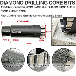 SHDIATOOL Diamond Drill Core Bits Set Diameter 20 25 35 45 65mm with 5/8-Inch-11 Thread for Hard Granite Marble (5 of Pack)