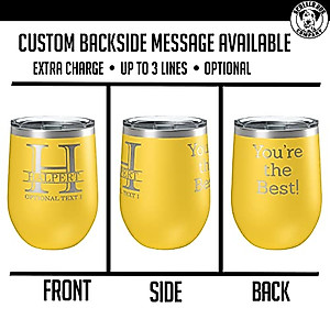 Personalized 12oz (17 Colors) Powder Coated Stainless Steel Stemless Wine Tumbler with Lid, Custom Etched, Customized Gift for Women Her, Wine Lover, Halpert Monogram Initial Name (Yellow)