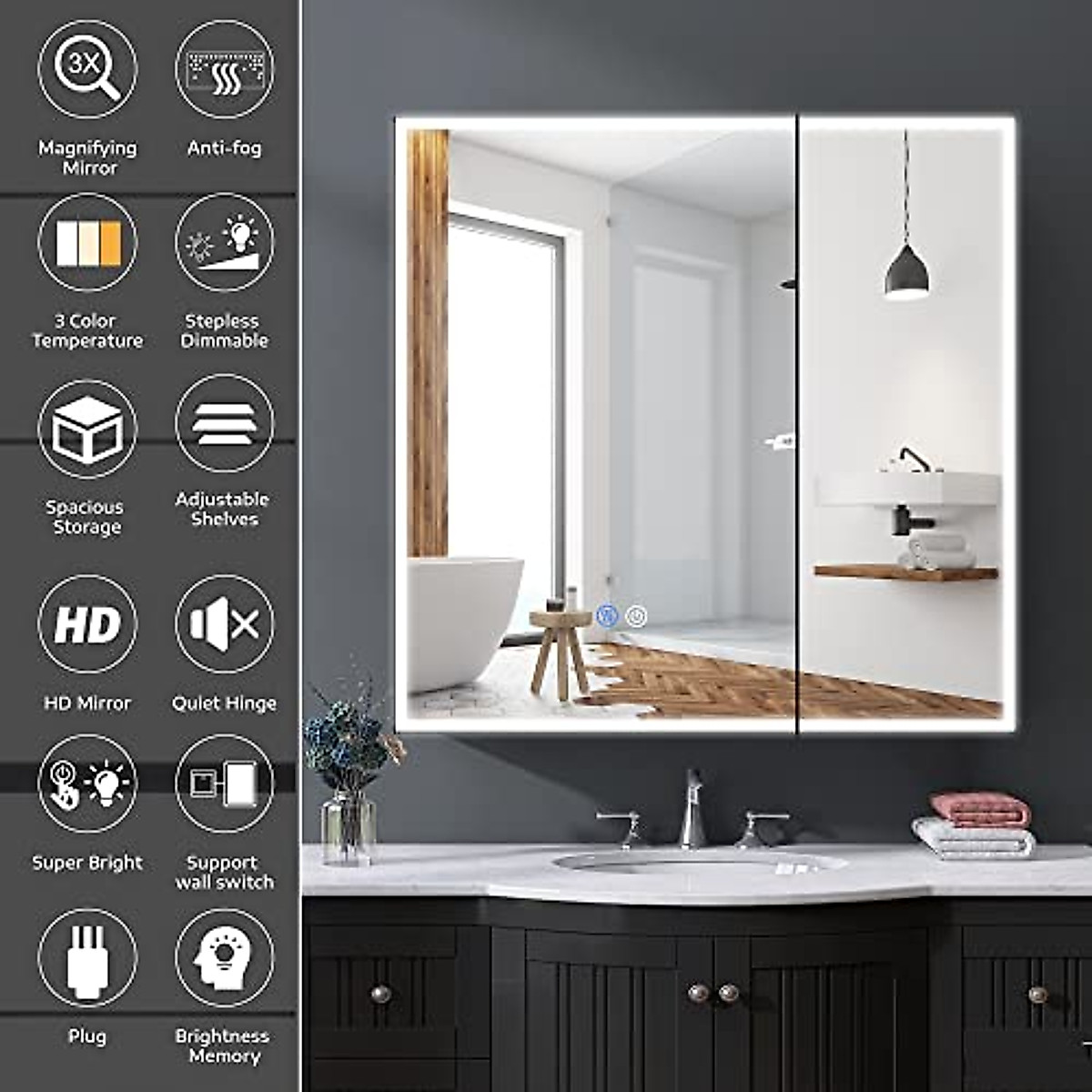 VESLINY Medicine Cabinets 30x32 LED Lighted Medicine Cabinet with Mirror for Bathroom Double Doors with Flip-Out Magnifying Mirror Door Storage Defogger Dimmable Lighting Black Surface Wall Mount