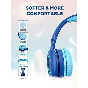BIGGERFIVE Kids Wireless Bluetooth Headphones with 7 Colorful LED Lights, 50H Playtime, Microphone, 85dB/94dB Volume Limited, Foldable On Ear Headphones for School/Girls/Boys/iPad/Fire Tablet, Blue