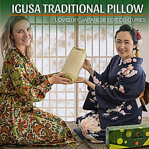 Japanese Neck Roll Pillow Firm for Relaxation - Original Bolster Cylinder Pillow Made with Japanese Igusa Rush, Infused with HIBA Essence - Hard Cervical Pillow for Neck Stretch and Meditation