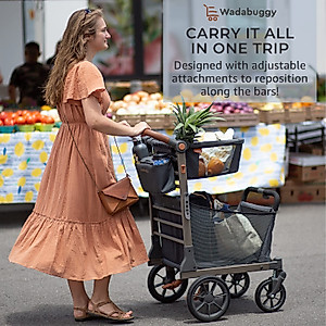 Wadabuggy Heavy Duty Folding Shopping & Utility Cart, Glides Effortlessly - Easy to Maneuver, Lightweight Push & Pull Behind Cart w/3 Storage Baskets
