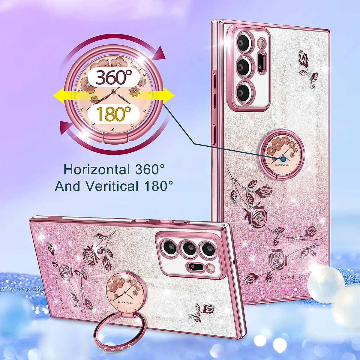 Coralogo (3in1 for Samsung Galaxy Note 20 Ultra Case Glitter Sparkly for Women Girls Bling Shiny Phone Cover Cute Flowers Floral Unique Design with Ring Pretty Cases for Galaxy Note 20 Ultra 5G 6.9''