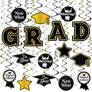 35 Pieces, Graduation Hanging Swirls Decorations - Large, No DIY | Black and Gold Graduation Decorations 2023 | Graduation Hanging Decorations | Graduation Party Decorations, Class of 2023 Decorations
