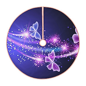 EVANEM 36" Christmas Tree Skirt Butterfly Purple Christmas Tree Decorations Linen Waterproof Xmas Tree Mat with Pom Pom Trim for Holiday Christmas Party Rustic Farmhouse Decorations