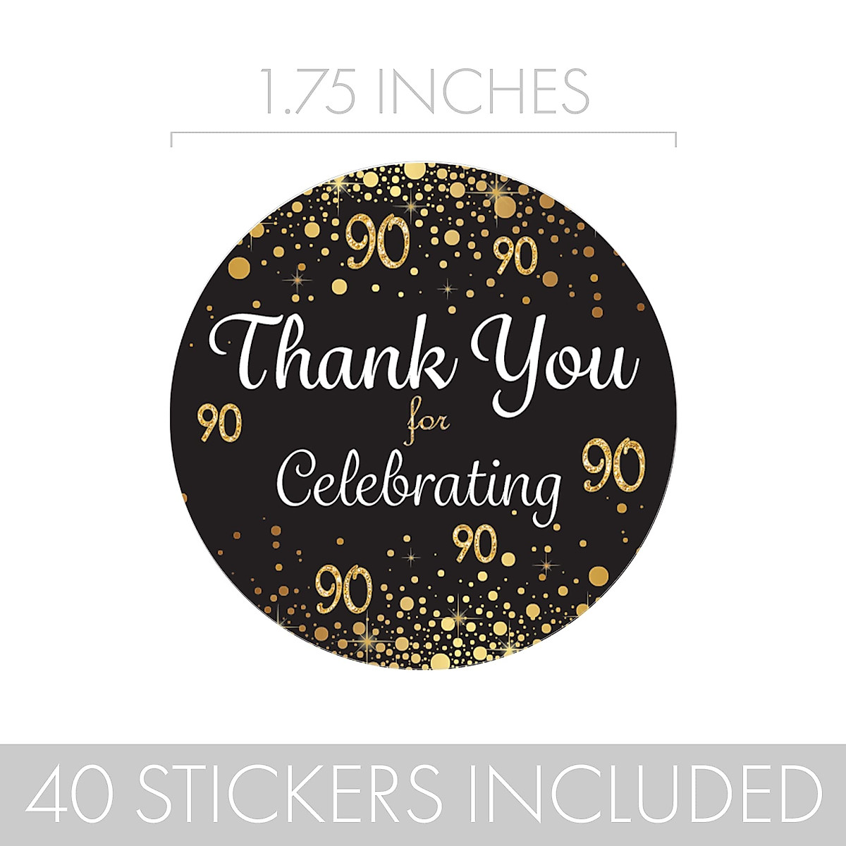 Black and Gold 90th Birthday Thank You Stickers - 1.75 in - 40 Labels