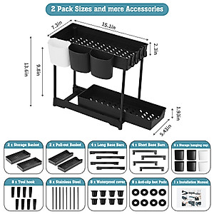 Pearabbit Under Sink Organizer and Storage, 2 Pack 2 Tier Bathroom Restroom Kitchen Cabinet Shelf with 6 Cup 8 Hooks Multi-purpose Cleaning Supplies Organizer