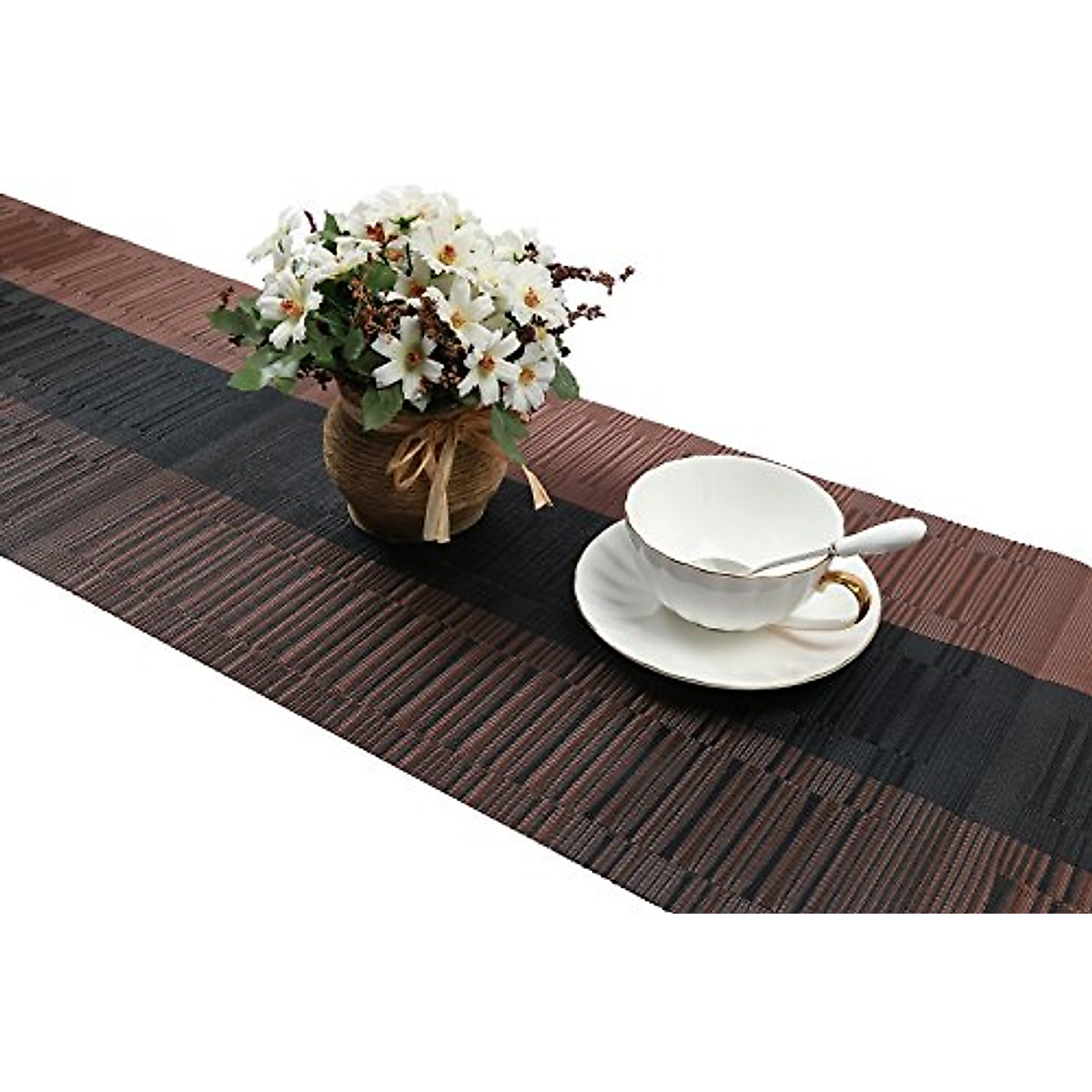 SHACOS Table Runners Woven Vinyl Table Mats 12x54 inch for Kitchen Dining Table Non Slip Washable, Ombre Coffee Black