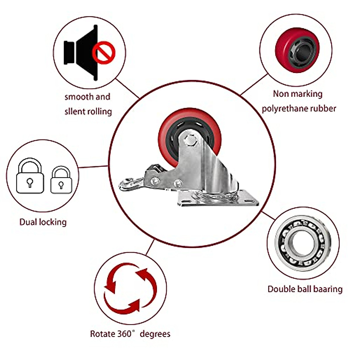 Caster Wheels 3 inch Set of 4, with Safety Dual Locking Bearing Casters, and Polyurethane Foam No Noise Wheels, Heavy Duty - 250 Lbs Per Casters(Bonus of 2 Hardware Kits)