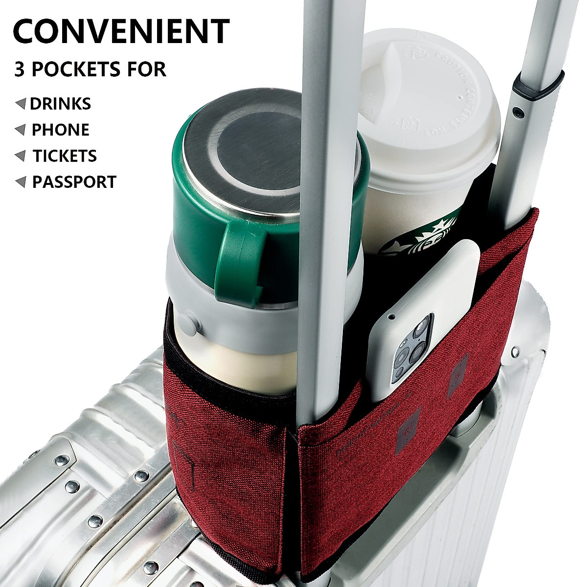 riemot Luggage Travel Cup Holder Free Hand Drink Carrier - Hold Two Coffee Mugs - Fits Roll on Suitcase Handles - Gifts for Flight Attendants Travelers Accessories Red