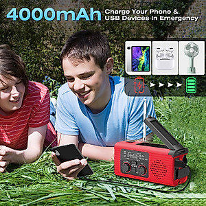 【2024 Newest】 NOAA Emergency Weather Radio, 4000mAh Weather Alert Radio Solar Charging, Hand Crank & USB Charged, AM/FM Radio with LED Flashlight, Reading Lamp, SOS Alarm, Headphone Jack for Outdoor