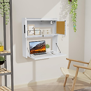 ARTETHYS Wall Mounted Desk with LED Light Multifunctional Fold Down Laptop Computer Table Writing Workstation with Storage Compartments Space Saving for Home Office