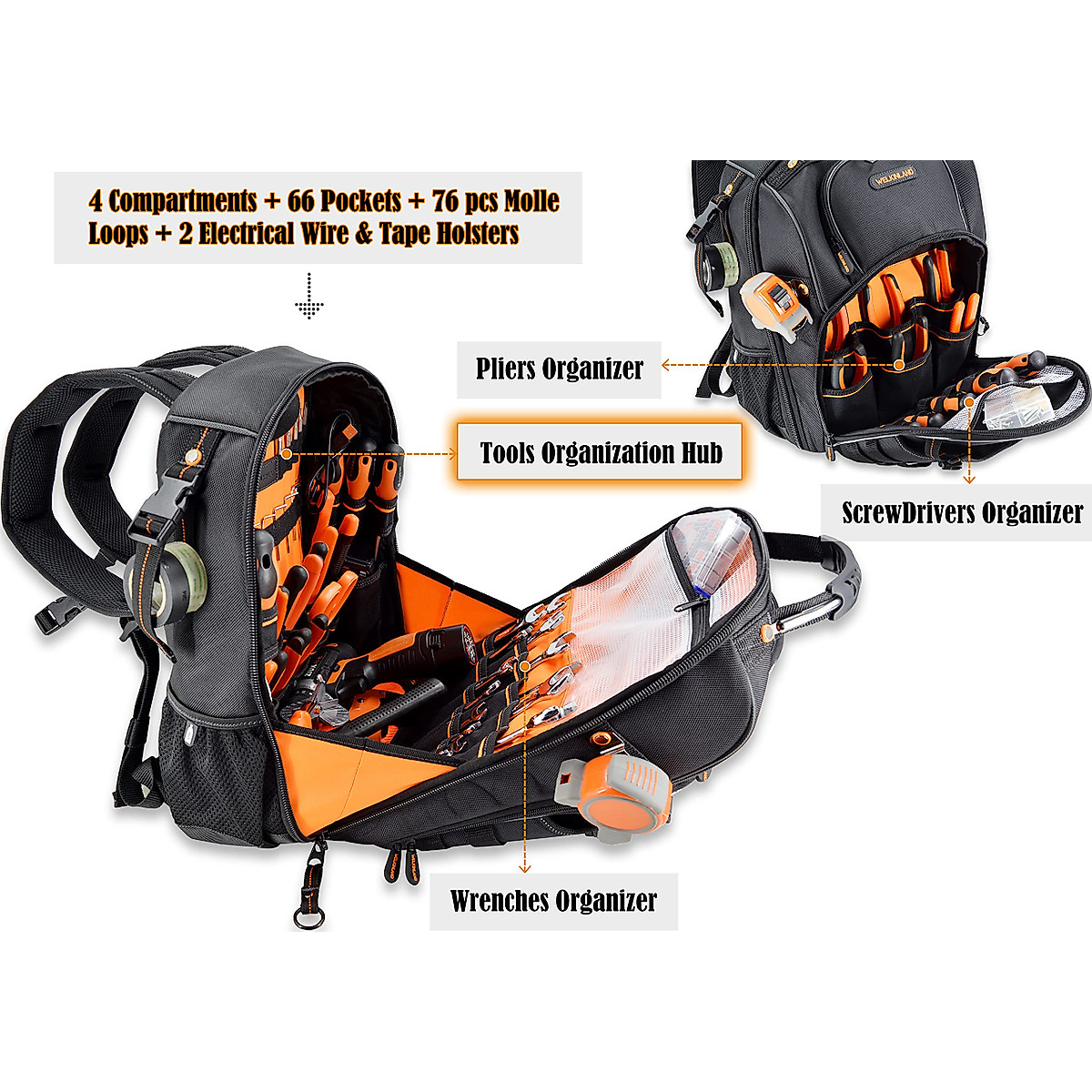 WELKINLAND 66-Pockets Backpack Tool Bag, Heavy-Duty Tool Backpack, Electrician backpack, Jobsite backpack, Tool back pack for men, Tool backpack for electricians, Tool backpack for construction