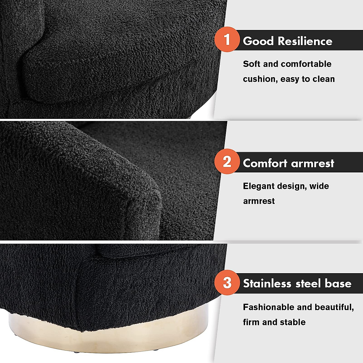 Dxacvkc 30.7" W Boucle Chair Swivel Barrel Chair Comfy Round Accent Sofa Chair for Living Room, 360 Degree Club Chair, Leisure Arm Chair for Nursery/Bedroom/Living Room/Lounge Hotel/Office, Black