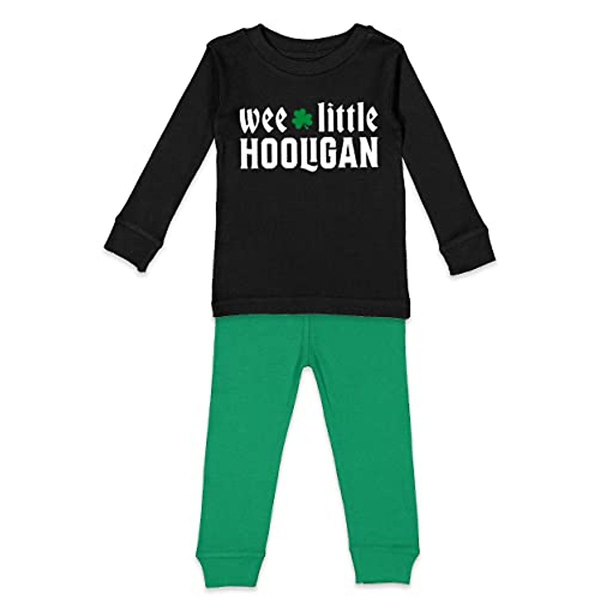 Wee Little Hooligan - Shamrock 4 Leaf Clover Infant/Toddler Shirt & Pants Set (Black Top/Kelly Bottoms, Youth 12)
