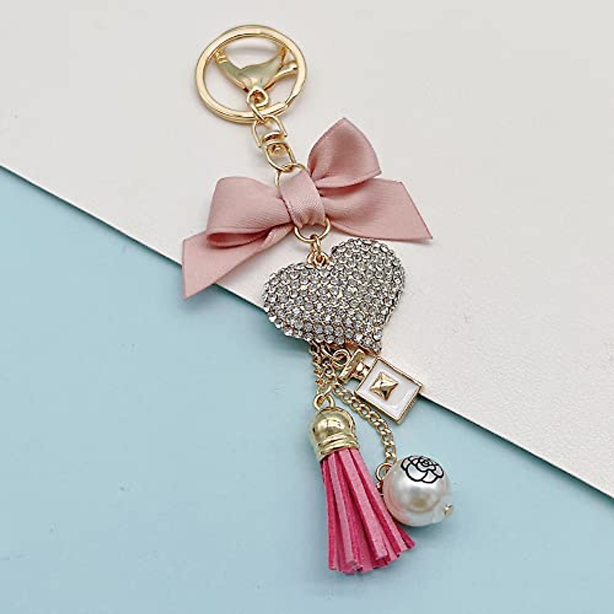 SWJEWEL Rhinestone Heart Keychain for Women Pink Bowknot Tassel Cute Car Key Ring Accessories Girl Bag Charms Handbag Purse Backpack Pendant Charms (Pink)