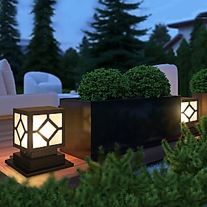 MODEBHD 23cm High Outdoor Post Column Lamp Lawn Garden Light Landscape Single Head Metal with Glass Shade Pillar Lights Villa Wall Door Post Lantern Light, IP44 Waterproof Black Post Lights