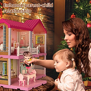 Dollhouse Kit, Doll House Asseccories and Furniture, DIY Pretend Play Building Playset Toys with Doll and Lights, Princess House for Toddlers, Kids Boys & Girls (4 Rooms)