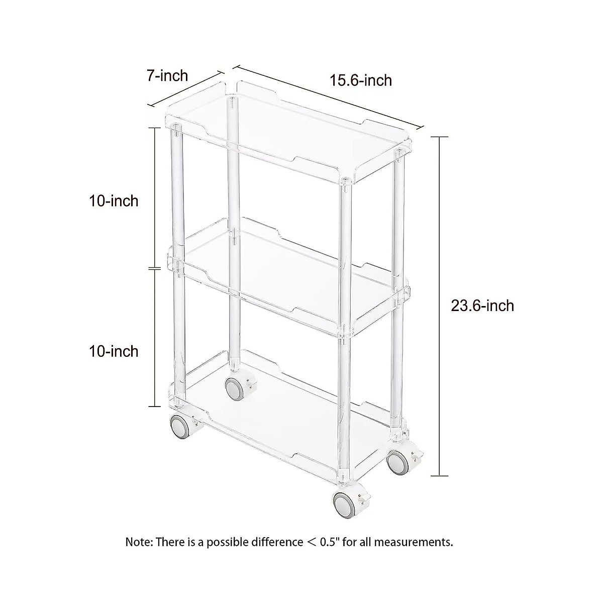 KSacry Acrylic Utility Carts - 3 Tier Rolling Side Table for Small Spaces, Acrylic Rolling Cart for Bathroom, Laundry Room, Bedroom,Living Room, Office -15.6'' L x 7'' W x 24'' H