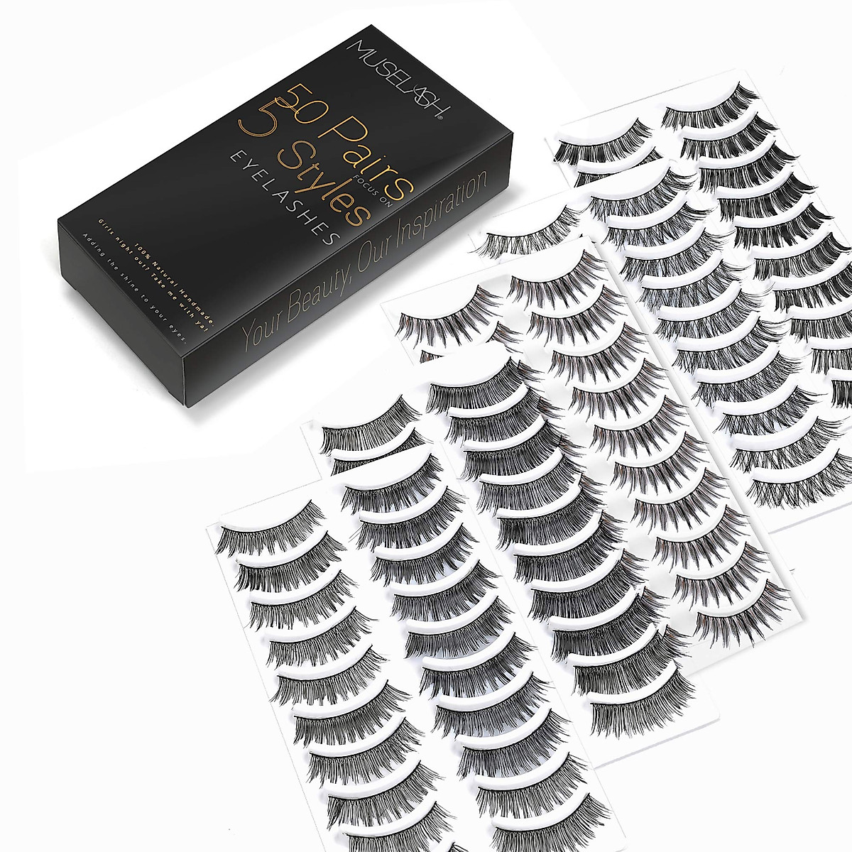50 Pairs 5 Styles MUSELASH False eyelashes set professional 100% Handmade natural, glamorous, demi wispies, volume multipacks, cotton band, 10 Pairs Eyes Lashes Each