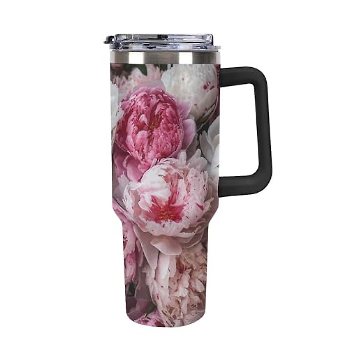 STVNKML 40 Oz Tumbler with Handle Peach And White Peonies Stainless Steel Coffee Mug Reusable Travel Mug Leak-proof Insulated Car Cup Large Capacity Tumbler for Travel, Outdoor, Home Use (Black)