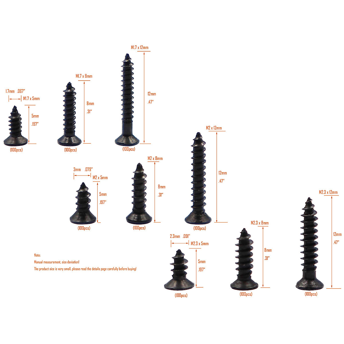 LBY 900pcs M1.7 M2 M2.3 x 5mm / 8mm/ 12mm Flat Head Self-Tapping Sheetmetal Screw Assortment Kit Mini Wood Screws 9 Sizes Combination Carbon Steel Black