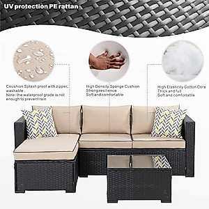 Walsunny Patio Furniture Set 3 Piece Outdoor Sectional Patio Sofa, All Weather Wicker Rattan Outdoor Furniture with Glass Table and Cushions(Black/Khaki)