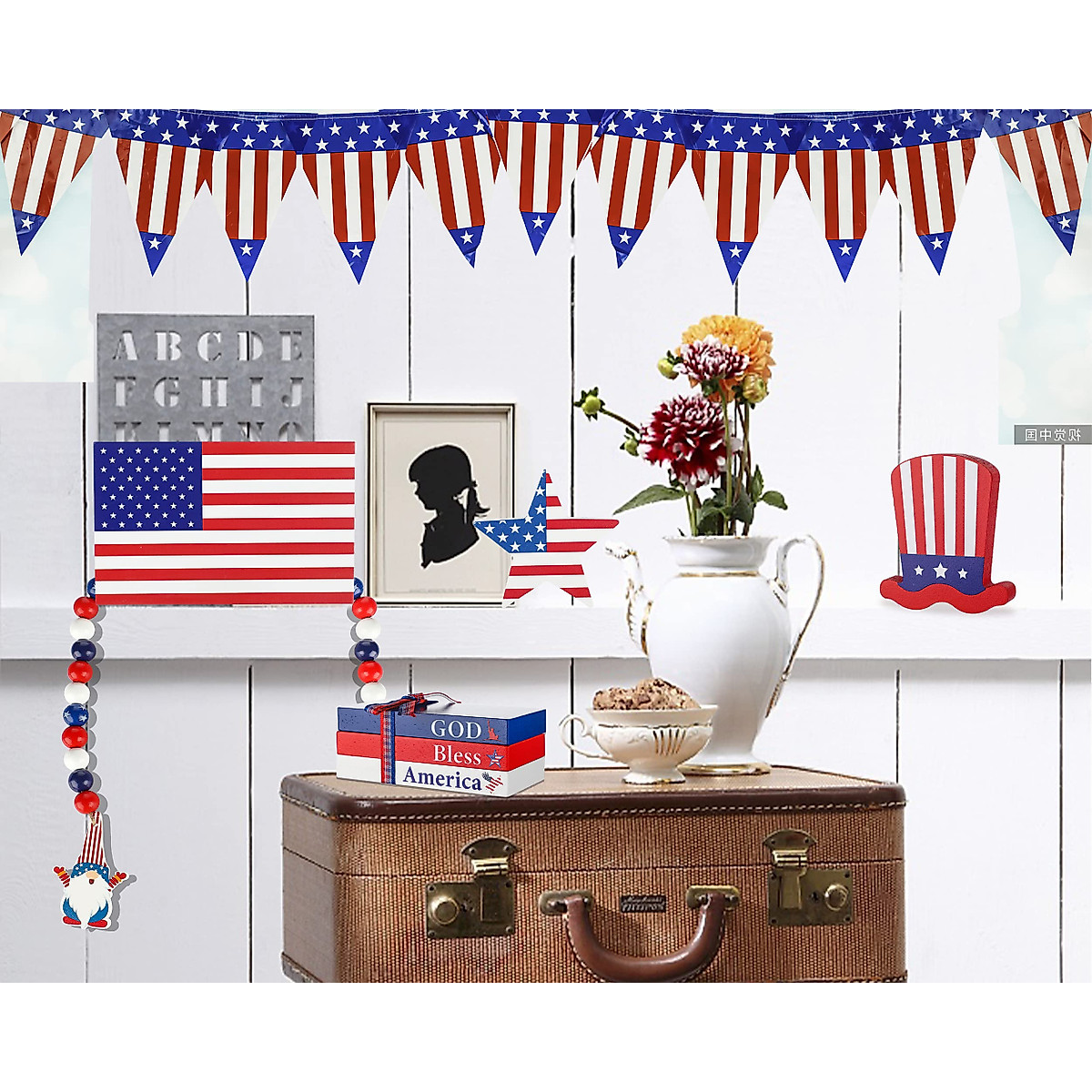 5Pcs 4th of July Tiered Tray Decor Patriotic Wood Signs American Flag Stars and Stripe Wood Blocks Red White Blue Wooden Bead Garland for 4th of July Memorial Day Home Table Decor