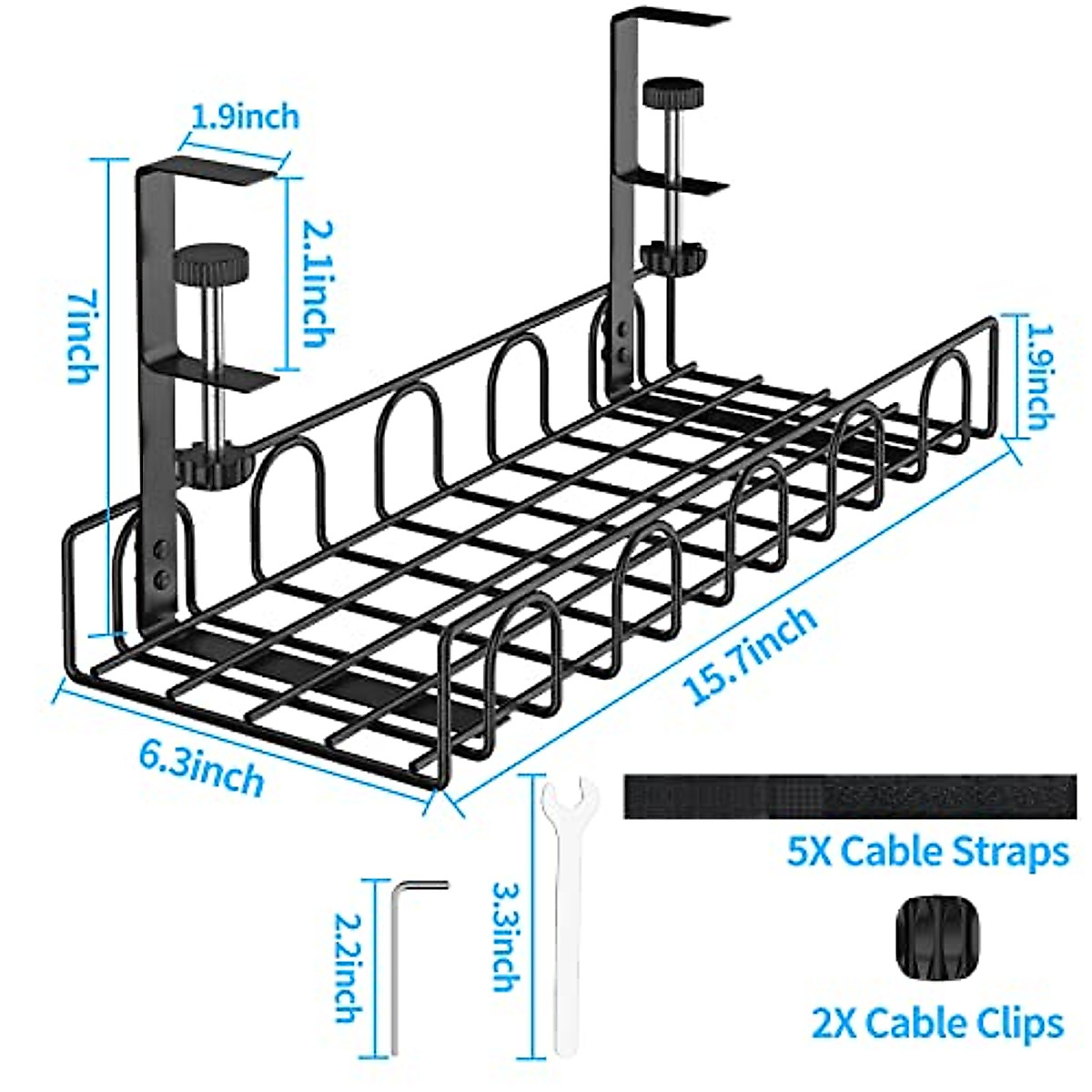 Under Desk Cable Management Tray - 15.7in 2Packs Metal Under Desk Wire Management, High Capacity Adjustable and Removable Cable Management Organizers Holder, No Drill & No Damage, for Office, Kitchens