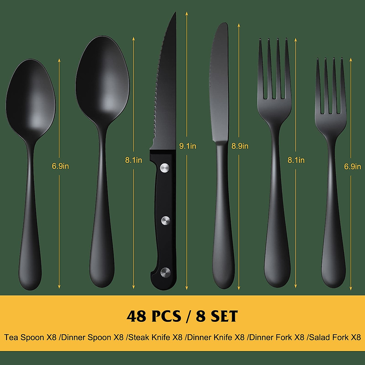 Moretoes 48-Piece Black Silverware Set, Stainless Steel Cutlery Set for 8, Mirror Polished Flatware Sets for Home and Restaurant, Include Knife Fork Spoon Set