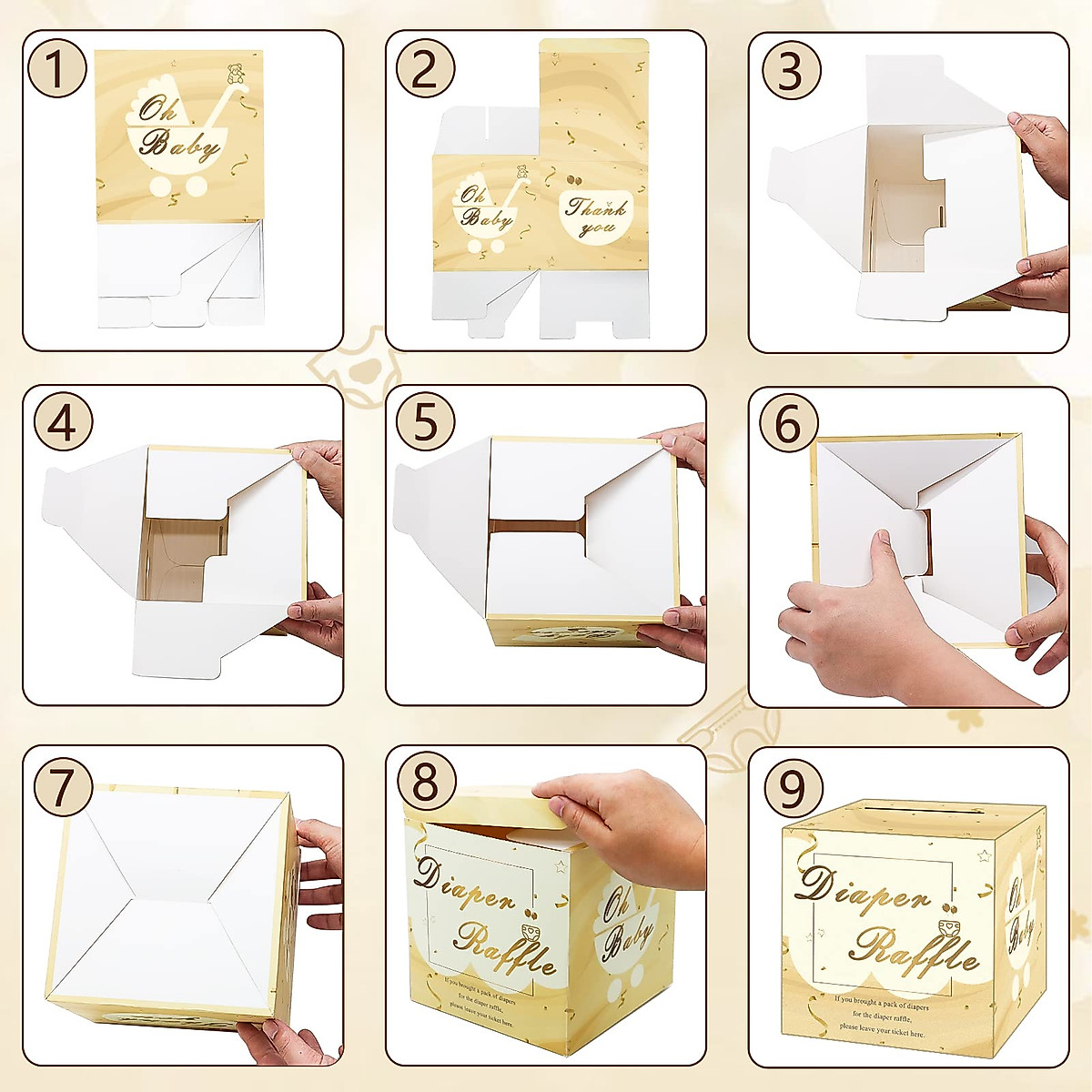 Angela&Alex 50 Pcs Diaper Raffle Tickets for Baby Shower Games with Diaper Raffle Box Invitations Sign Cards for Boy & Girl Gender Reveal Party Decorations Baby Shower Décor Supplies - Gold