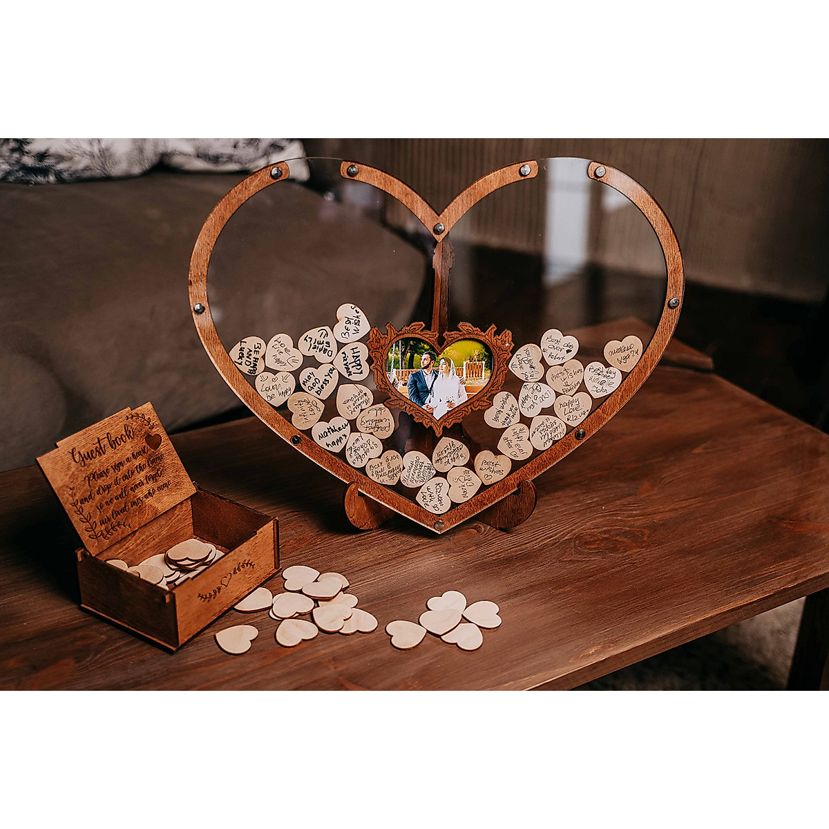 Wedding Guest Book Alternative, Drop Top Frame with Photo, Rustic Wedding, Guest Book Sign, Wooden Box with Hearts - 80 pcs, Shadow Box for Wedding, Baby Shower, Anniversary (Oak-Transparent)