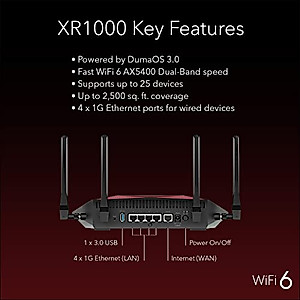 NETGEAR Nighthawk Pro Gaming WiFi 6 Router (XR1000) 6-Stream AX5400 Wireless Speed (up to 5.4Gbps) | DumaOS 3.0 Optimizes Lag-Free Server Connections | 4 x 1G Ethernet and 1 x 3.0 USB Ports